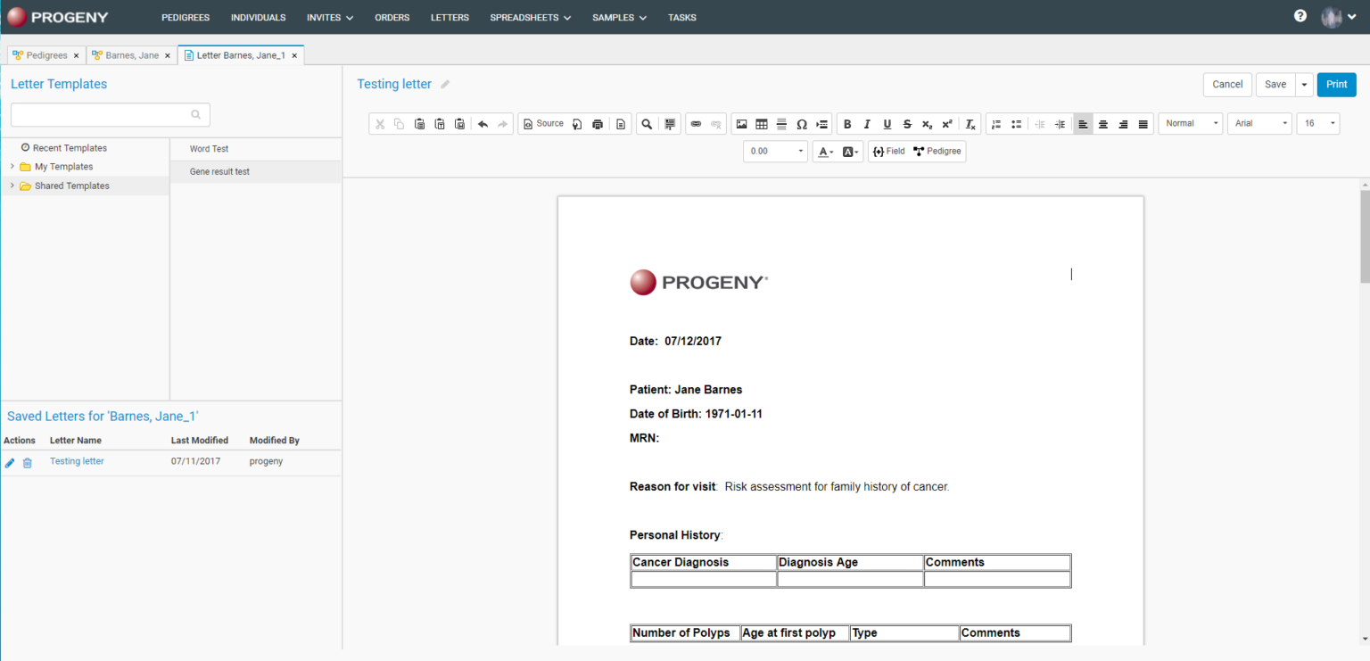 Letter Generation in Progeny - Progeny
