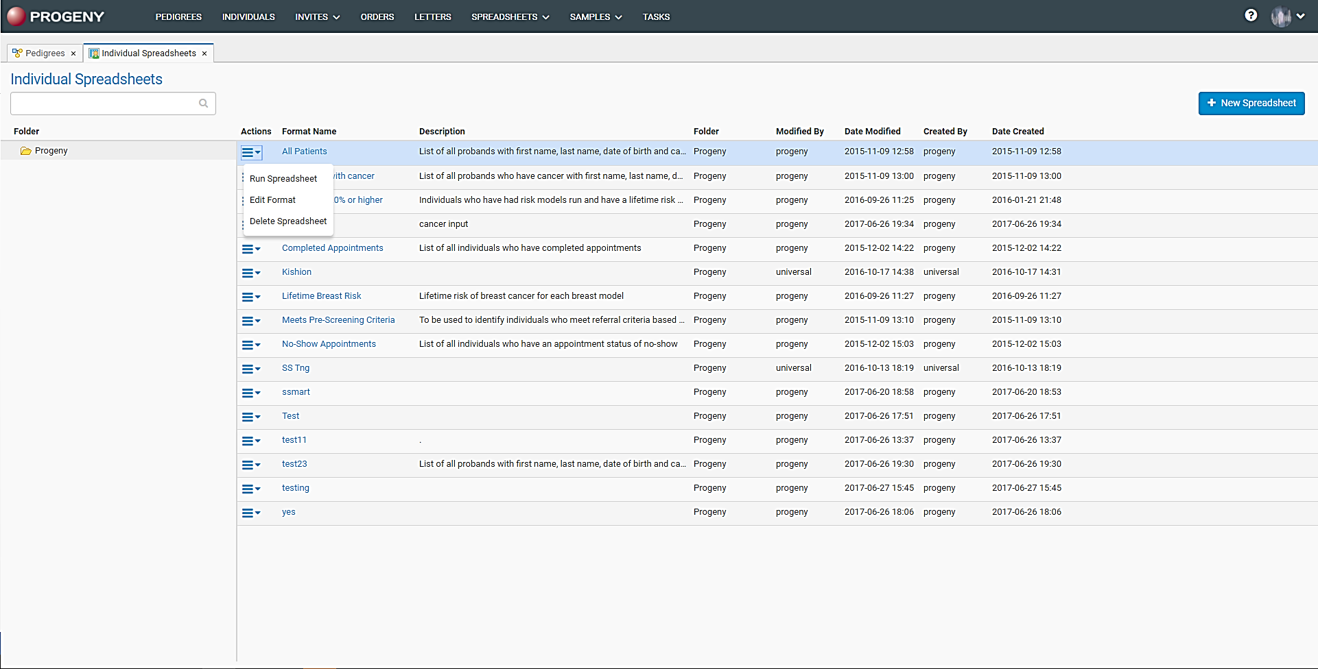 Spreadsheets Module - Progeny